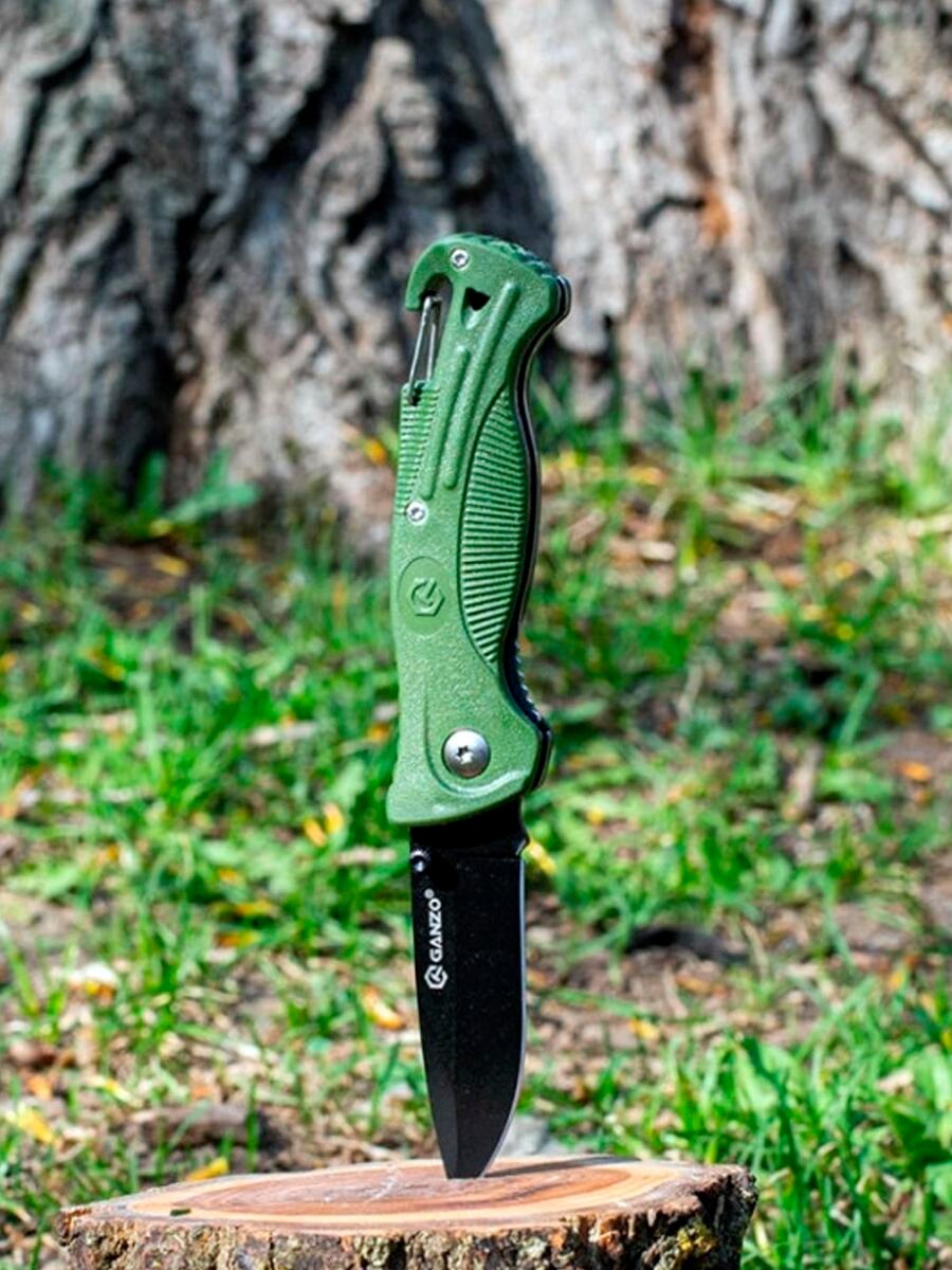 Нож Ganzo G611-G складной зеленый с карабином и свистком, EDC из нержавеющей стали 420C, длина лезвия 7,8 см.