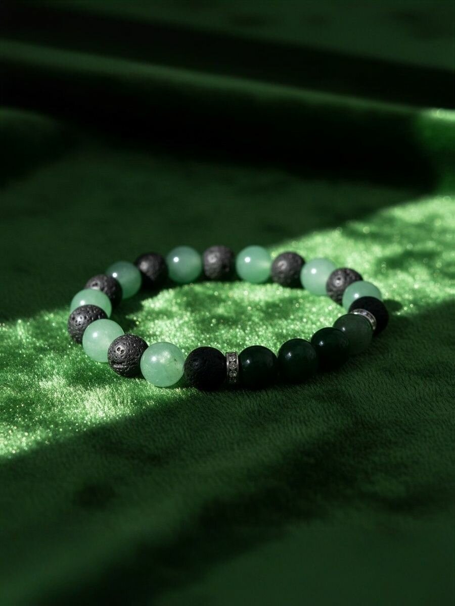 Браслет Роща удачи из зеленого халцедона, зеленого авантюрина и лавы, размер 17-18