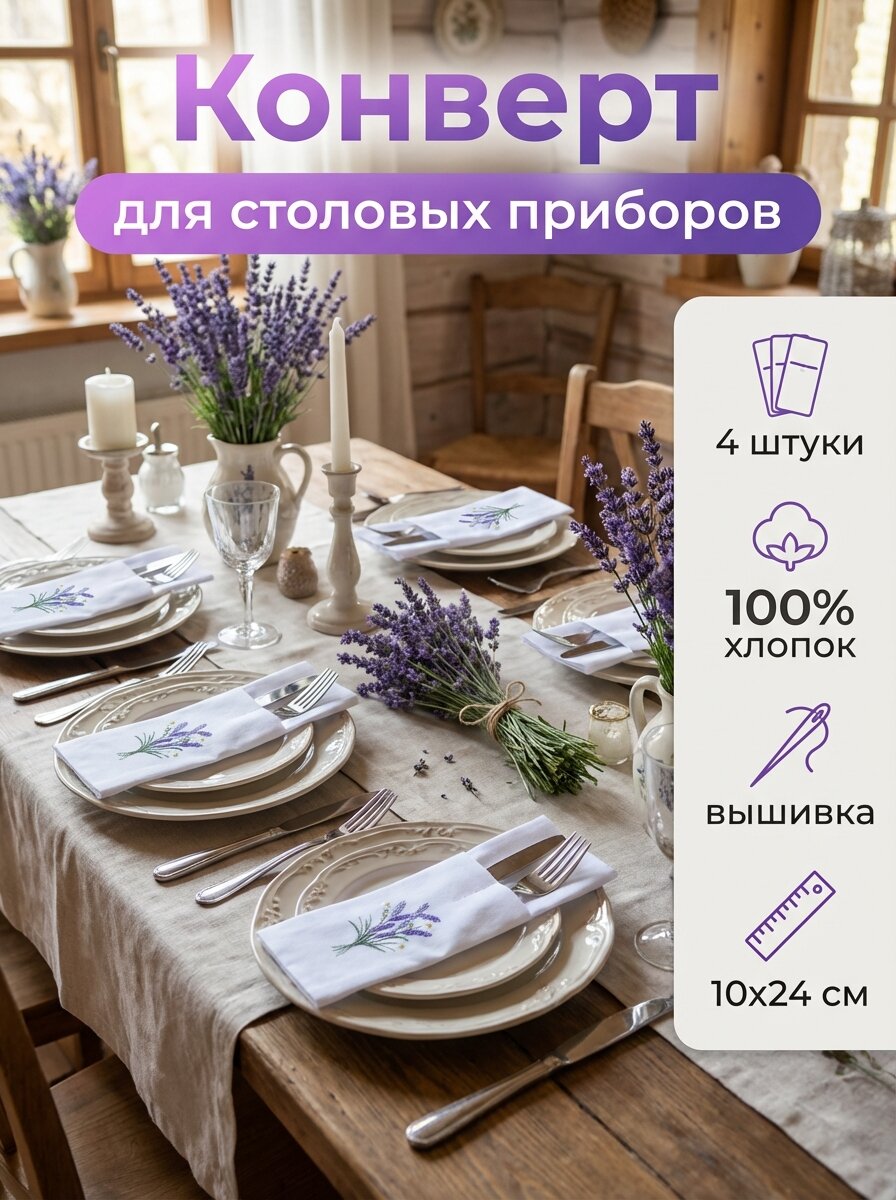Конверт для столовых приборов Felante с вышивкой "Лаванда" 10х24 см, 100% хлопок 4 шт.