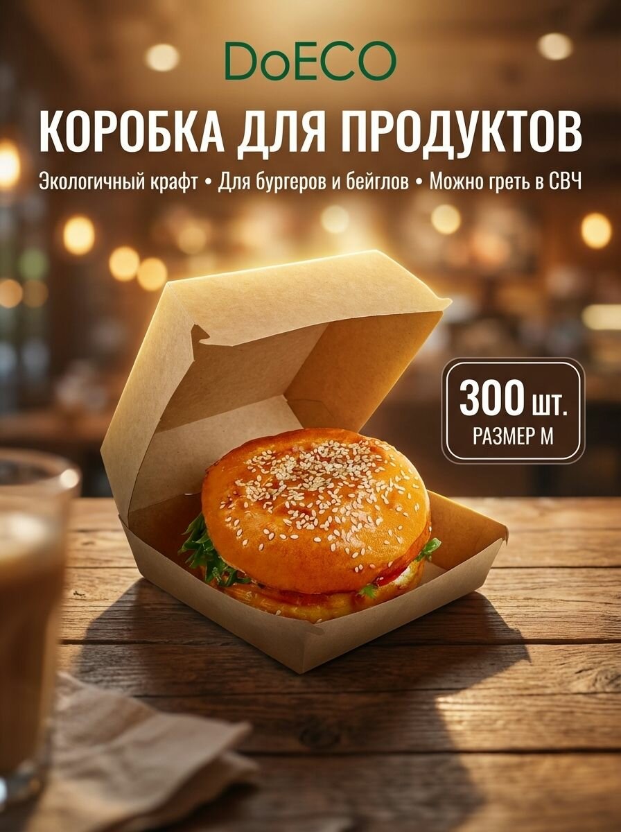 Коробка крафт пищевая DoECO контейнер одноразовый с крышкой, упаковка 100х100х60 мм, 300 шт.