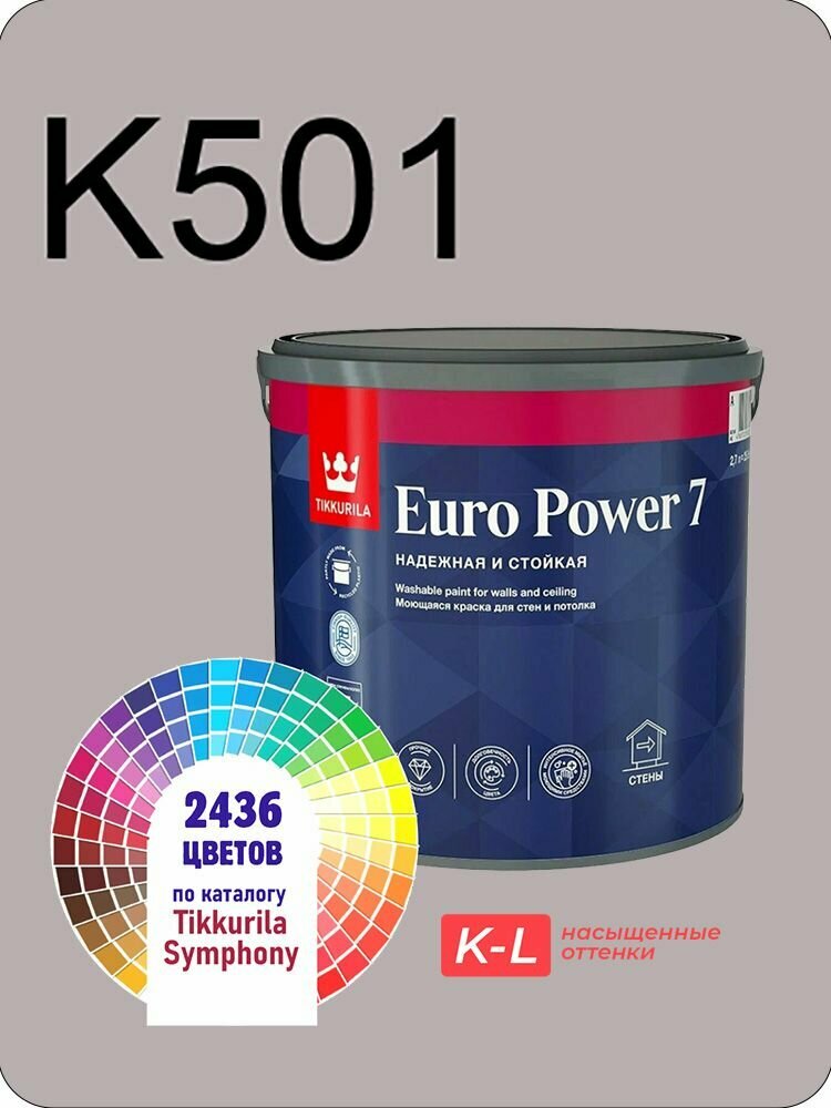 Краска для стен и потолков Tikkurila Euro Power 7 2,7л.2,7л. насыщенные оттенки K501