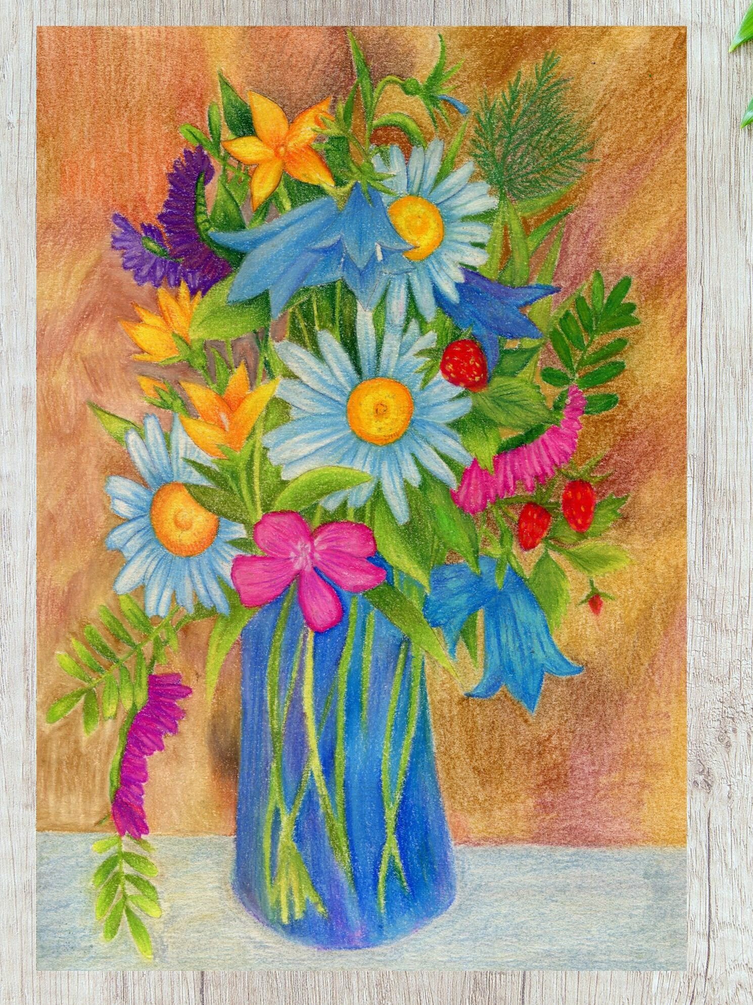 Букет полевых цветов Авторская открытка с конвертом для поздравлений и посткроссинга