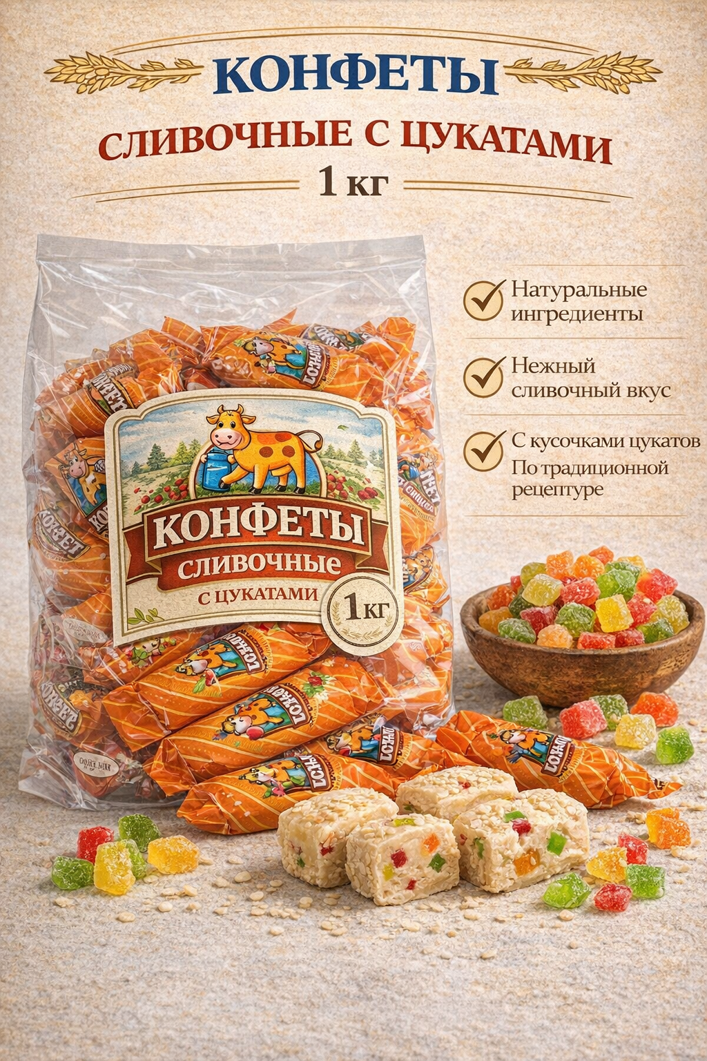 Конфеты "Cream Fudge", Вольский кондитер, помадные, с цукатами