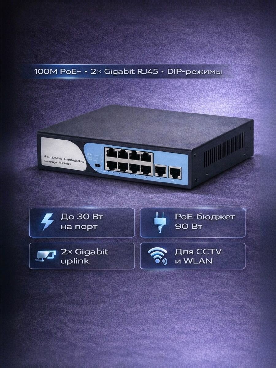 PoE-коммутатор CYONICE S100-8FTP2GT: 8 10/100 PoE + 2 1 Гбит/с uplink