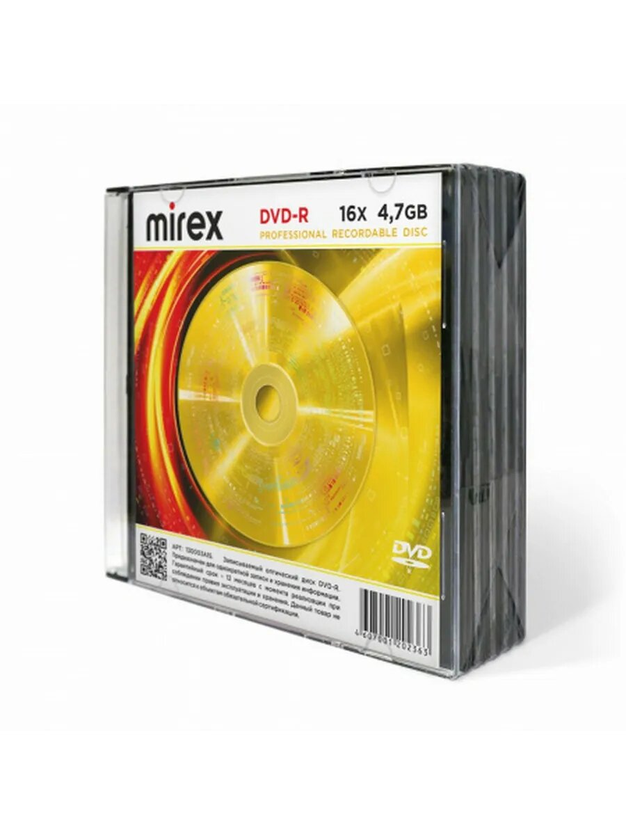 Диск DVD-R MIREX, 4,7 ГБ, 16x, Slim Case, комплект 5 шт.