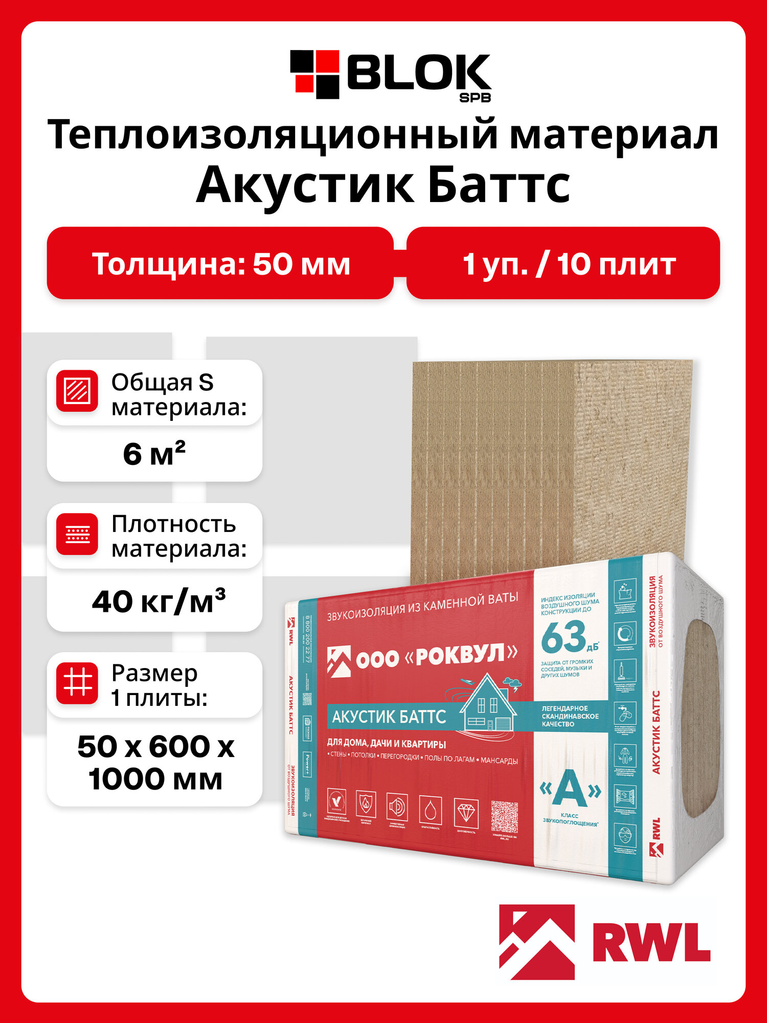 Rockwool Акустик Баттс 50мм (1 уп/ 10 плит/ 6 м2) Звукопоглощающие плиты из каменной ваты для пола, потолка, стен
