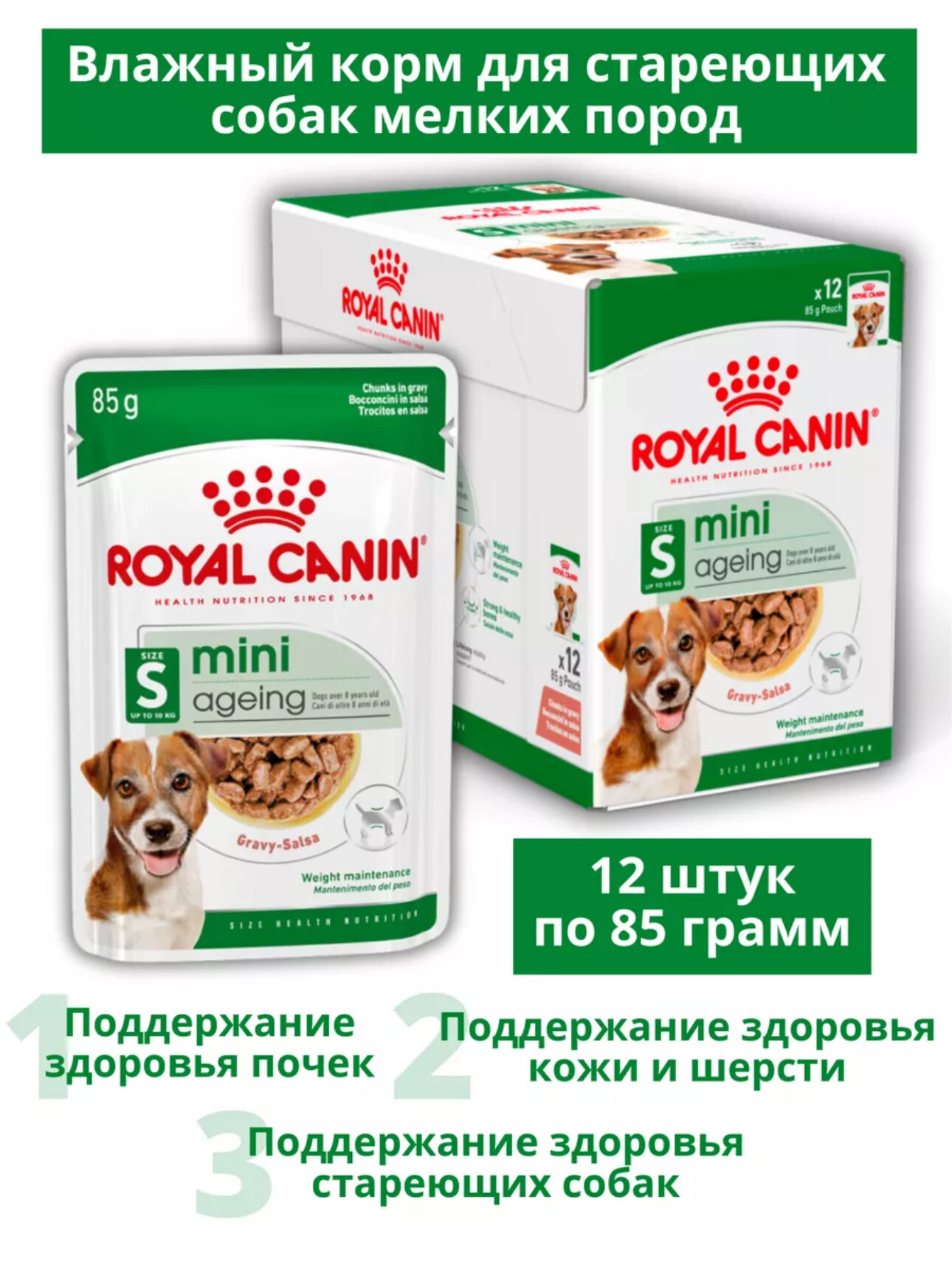 Консервы ROYAL CANIN MINI AGEING 12+ для пожилых собак маленьких пород старше 12 лет в соусе (85 гр х 12 шт)