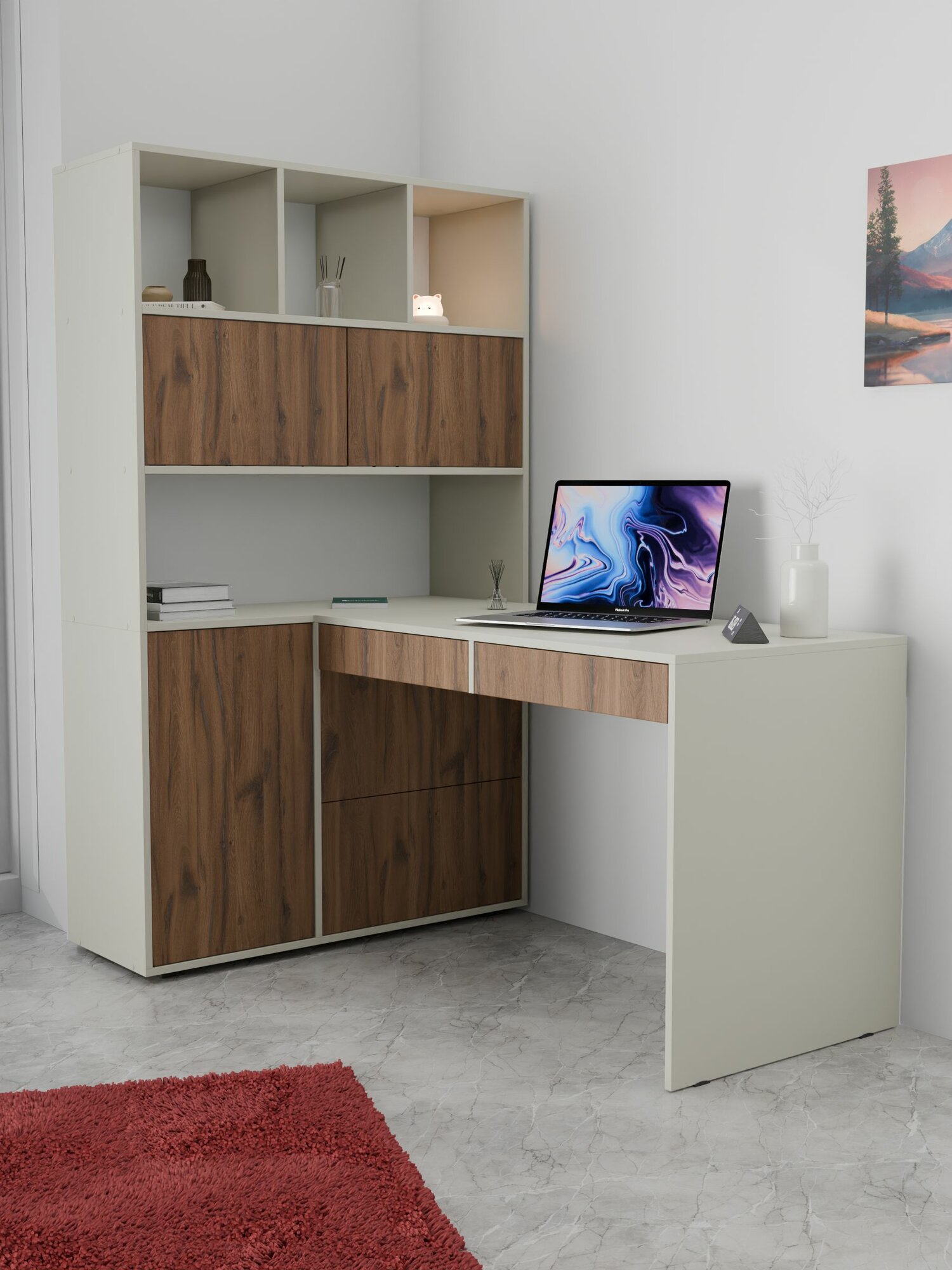 Изумлит Стол-шкаф письменный угловой для учебы и работы, шкаф слева 168х100х147.6 см, бежевый-дуб крафт табачный