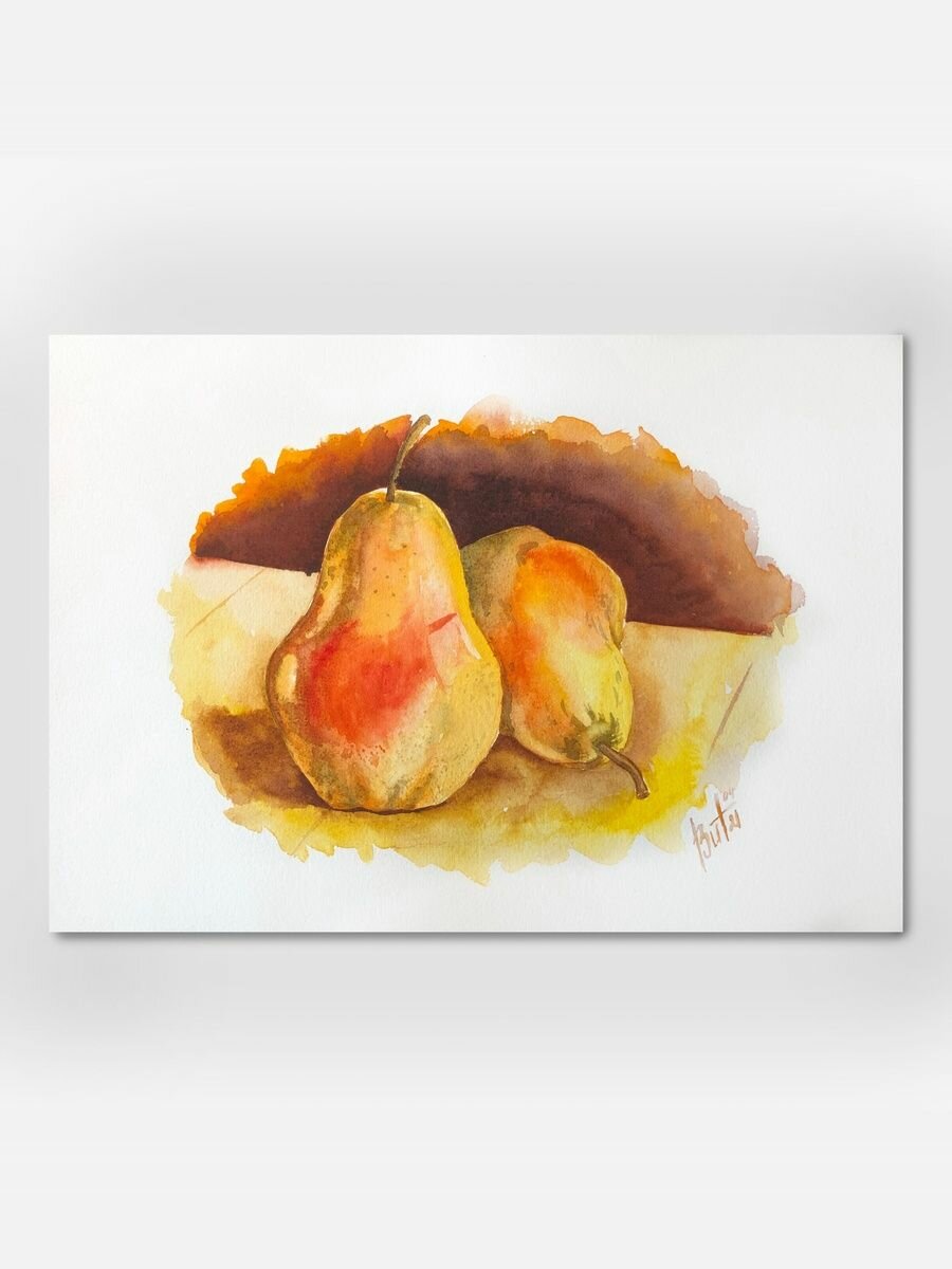 Картина "Груши натюрморт", акварель, бумага, без рамы, 21x30 см