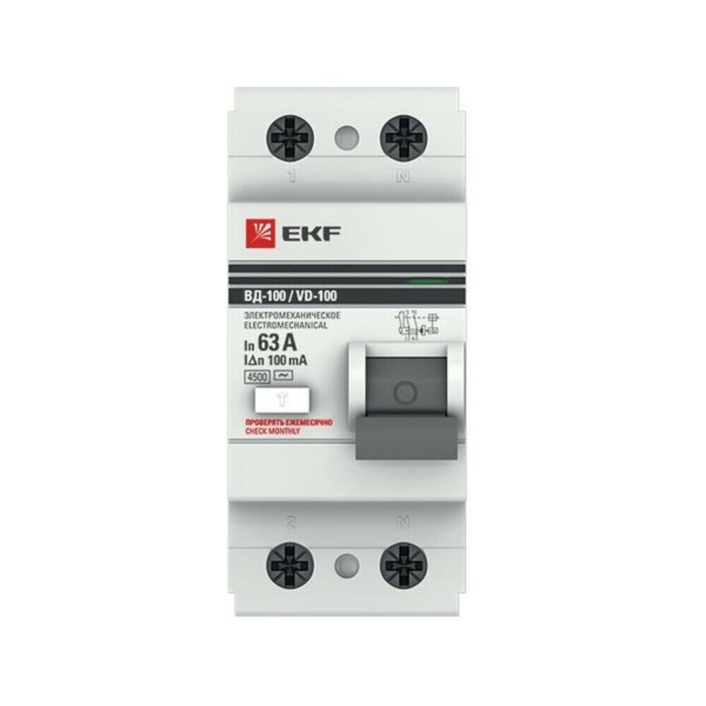 УЗО EKF PROxima ВД-100N 63А 2P тип AC 100 мА 6 кА (E1026M63100)