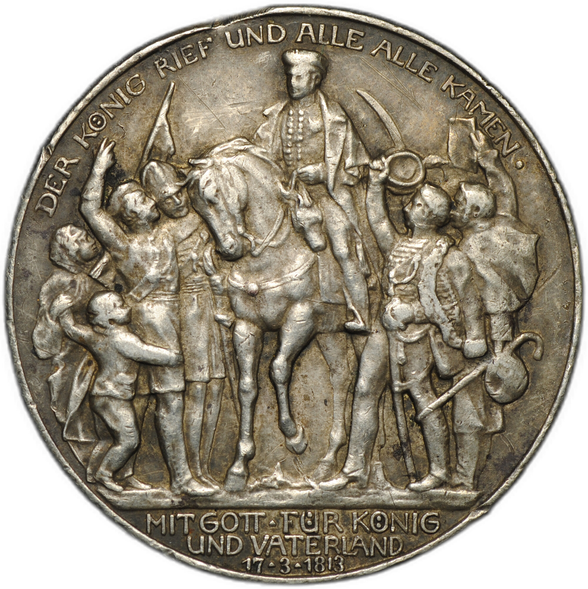 Монета 3 марки 1913 100 лет победы над Наполеоном Франция (толпа) Пруссия Германия