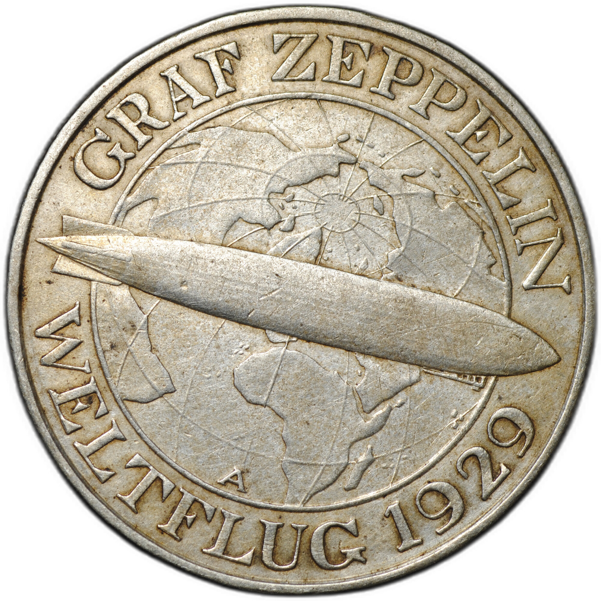 Монета 3 рейхсмарки (марки) 1930 A Полёт дирижабля Граф Цеппелин 1929 Германия