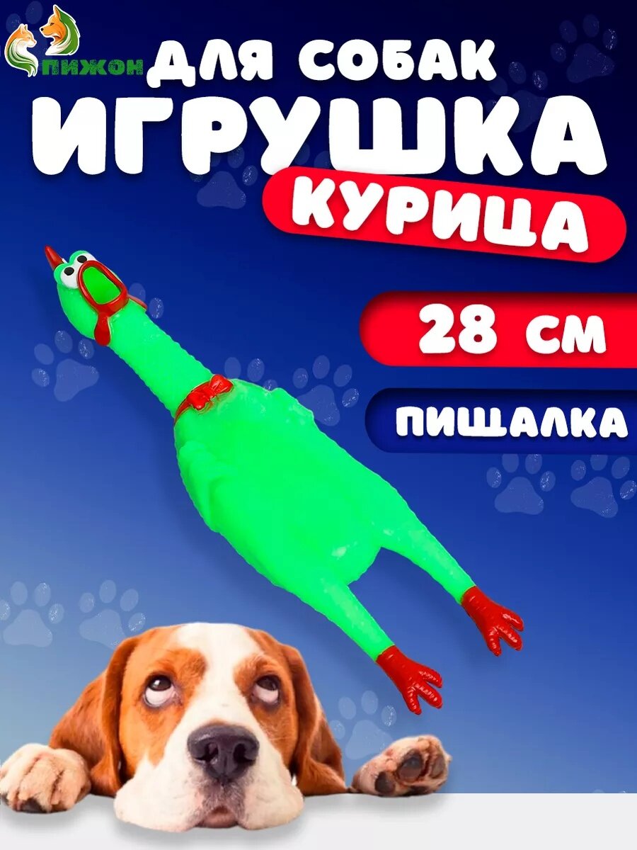 Игрушка пищащая "Задумчивая курица" для собак, 28 см, ярко-зелёная