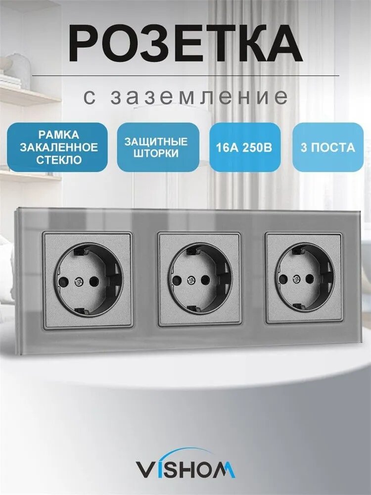 Встраиваемая тройная серая розетка, корпус из закаленного ударопрочного стекла, с защитными шторками