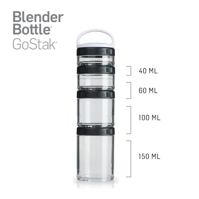 Контейнер пищевой Blender Bottle GoStak - набор из 4-х прозрачных контейнеров с черными крышками для таблеток и порошка — фото 1