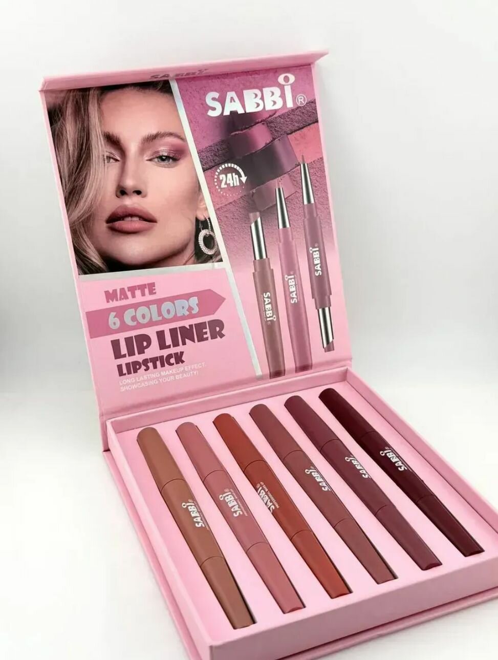 Набор матовых помад 2 в 1 стойкий с карандашом для губ 6 шт