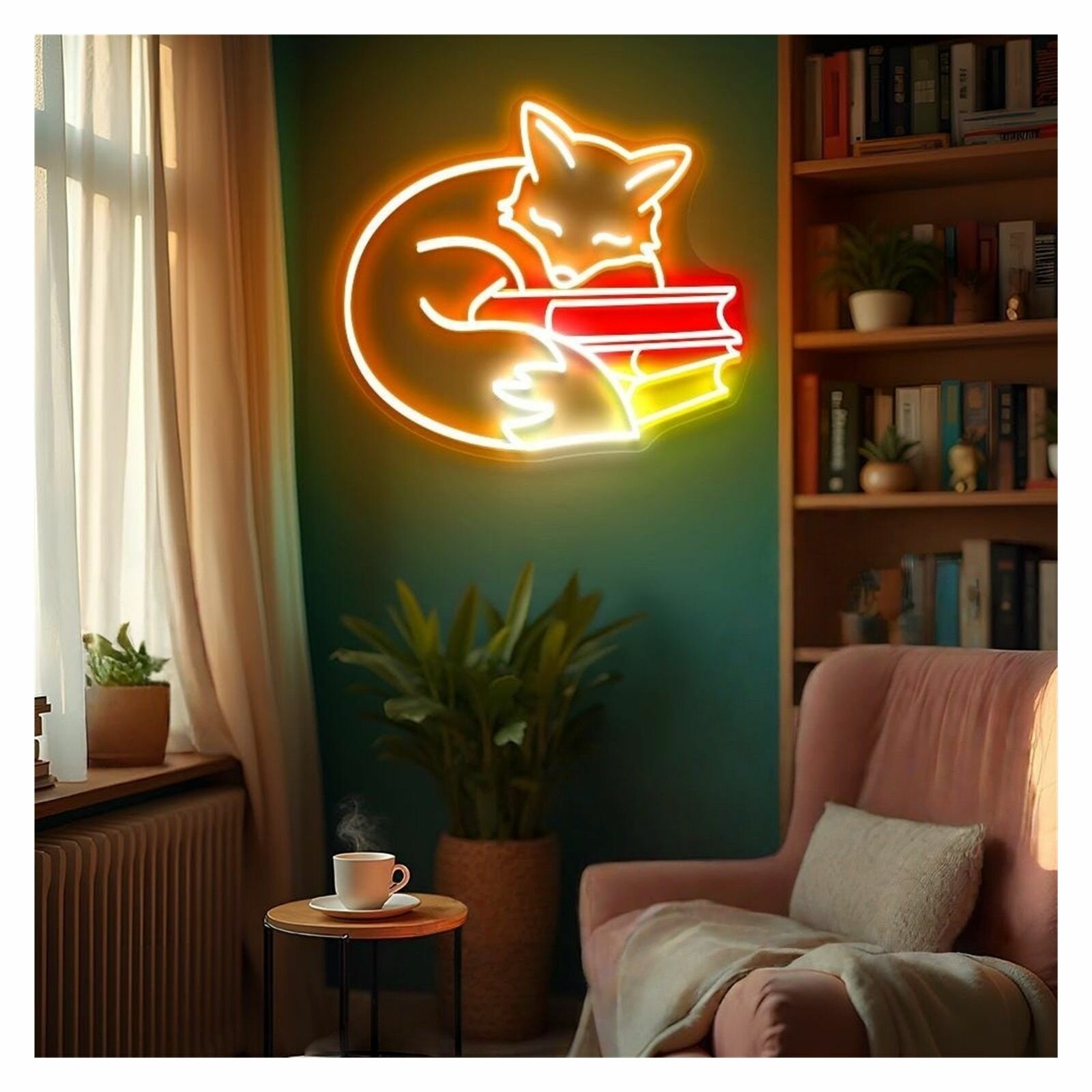 Неоновая Вывеска Лиса Спит На Книге Для Декора Стен 42смx48см