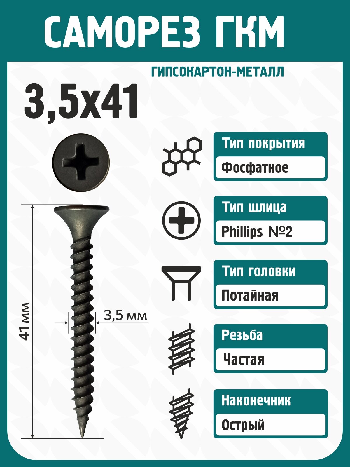 Саморезы по металлу черные 3,5х41 (500 шт) Rizzel гипсокартон металл