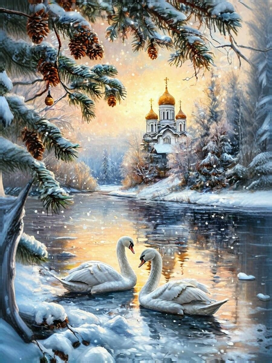Алмазная мозаика на подрамнике. Картина стразами "Лебеди и храм" 30*40 см