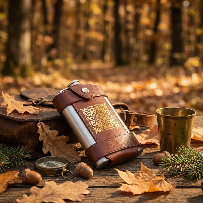 Фляга походная 0,3л в чехле из натуральной кожи 504ФК