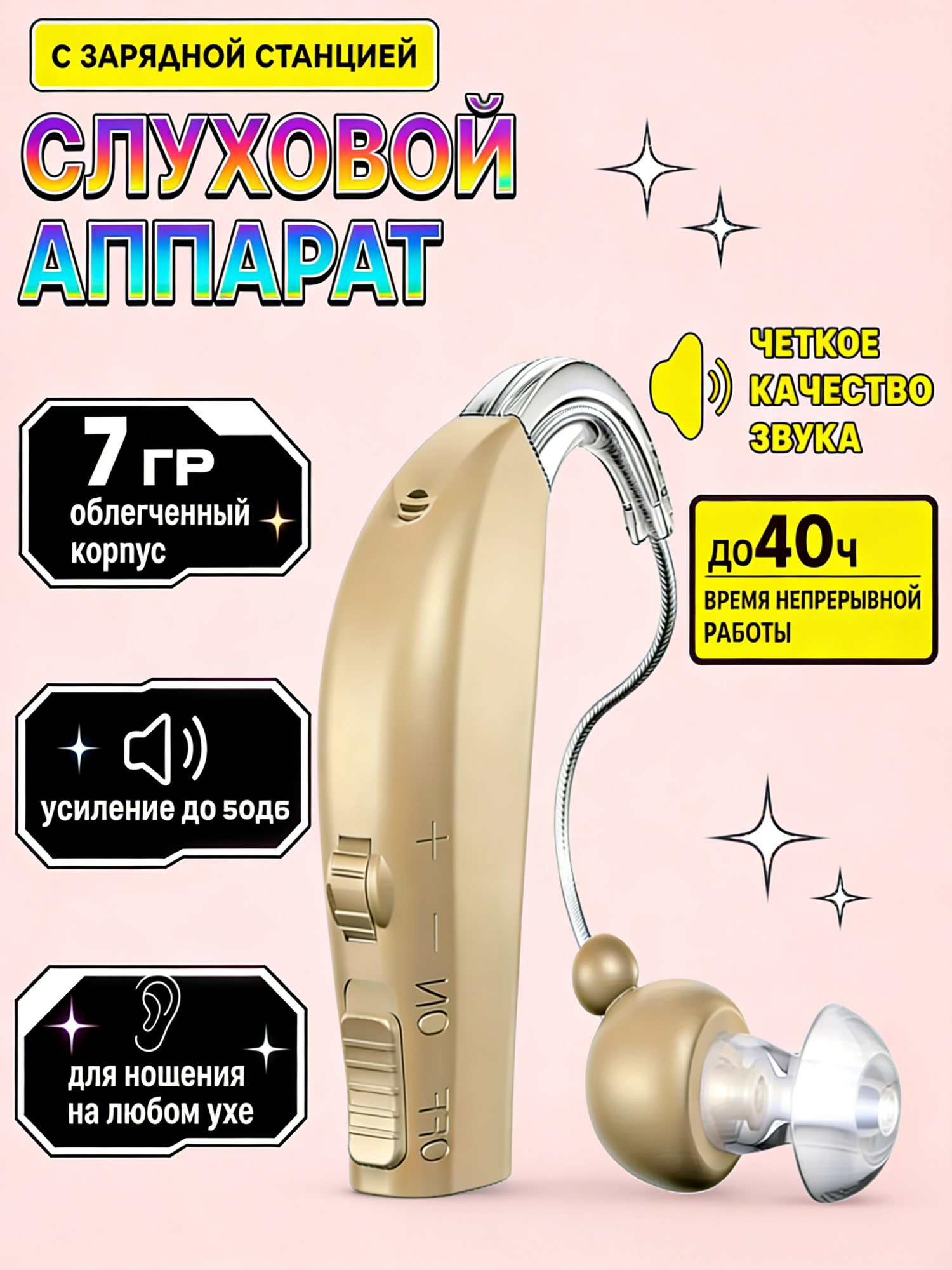 Слуховой аппарат, усиление звука до 30Х, влагозащита, мягкие амбушюры