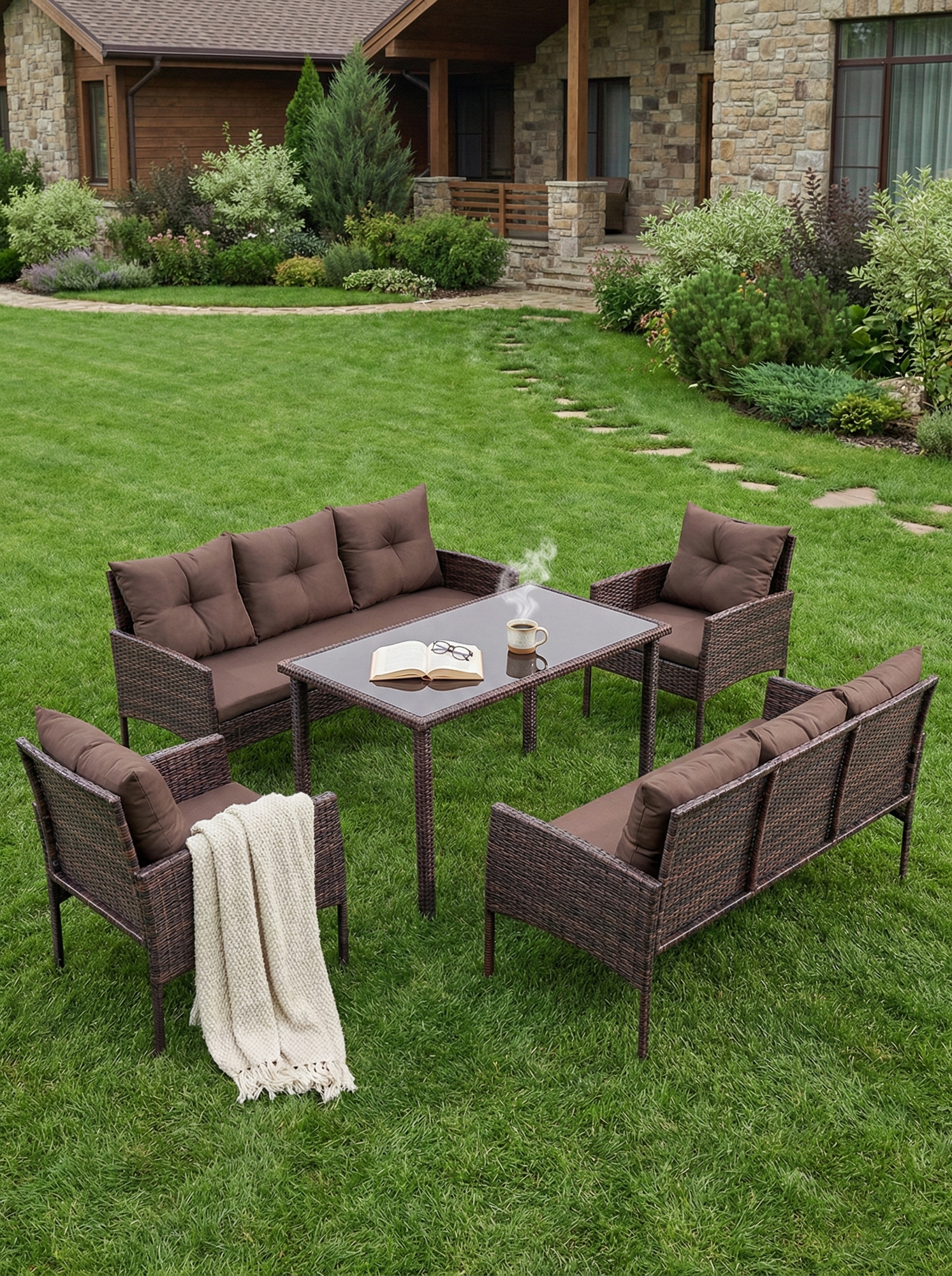 Комплект для обеда и отдыха из искусственного ротанга Фьорд-8 (Fjord-8), шоколад