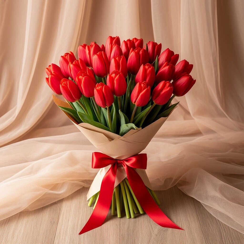Букет из красных тюльпанов 25 шт, красивый букет цветов, шикарный, премиум цветы, премиум букет