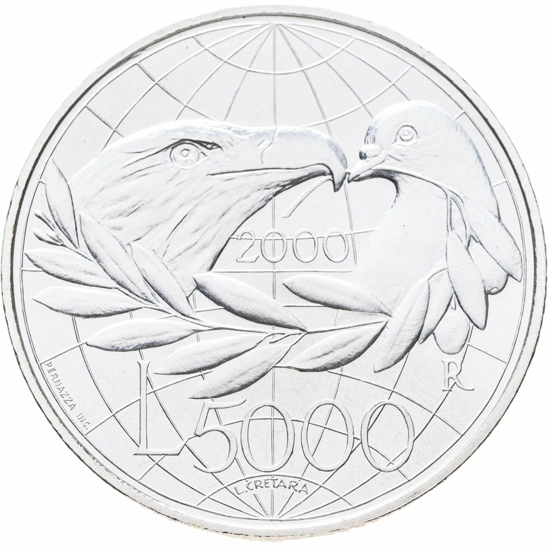 Сан-Марино 5000 лир lire 2000 "Мир", Серебро 835, в сохранности UNC