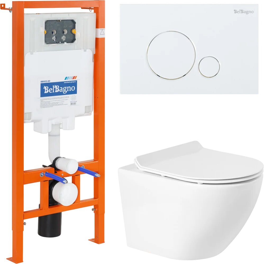 Комплект Унитаз подвесной BelBagno Sfera-r BB046CHR безободковый, крышка BB2111SC, инсталляция BB002-80 с кнопкой BB014-SR-BIANCO