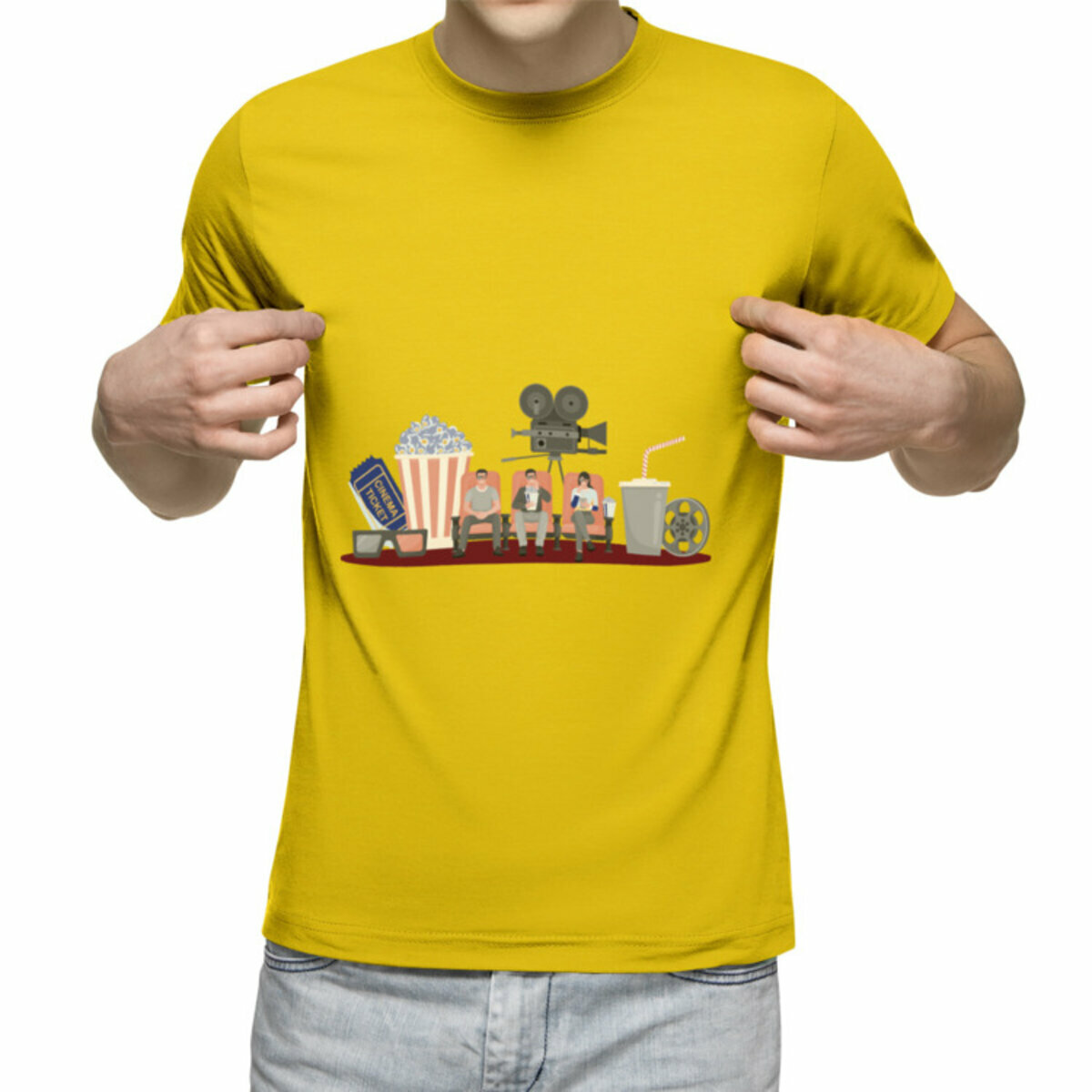 Мужская футболка «Киновечер: попкорн, билеты, 3D-очки» (желтый, S)