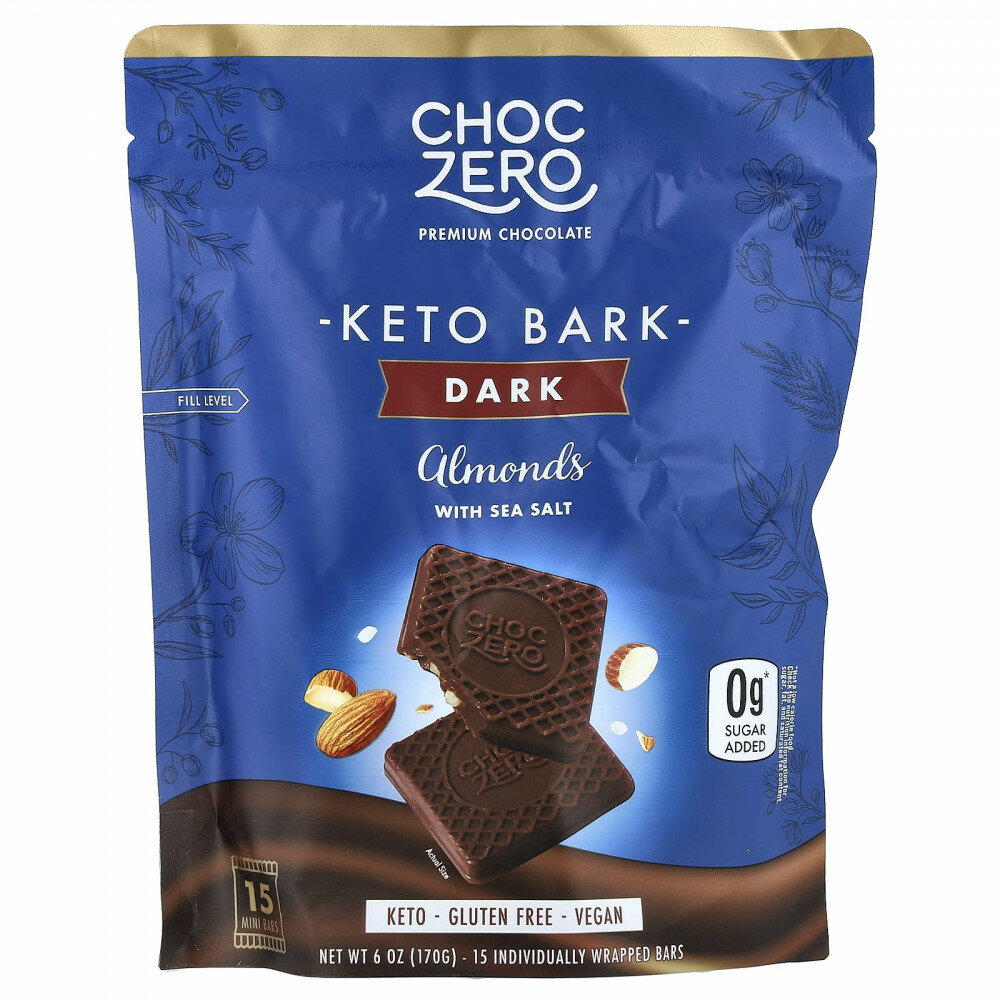 ChocZero, Keto Bark, темный шоколад, миндаль с морской солью, 15 мини-батончиков, 170 г (6 унций)