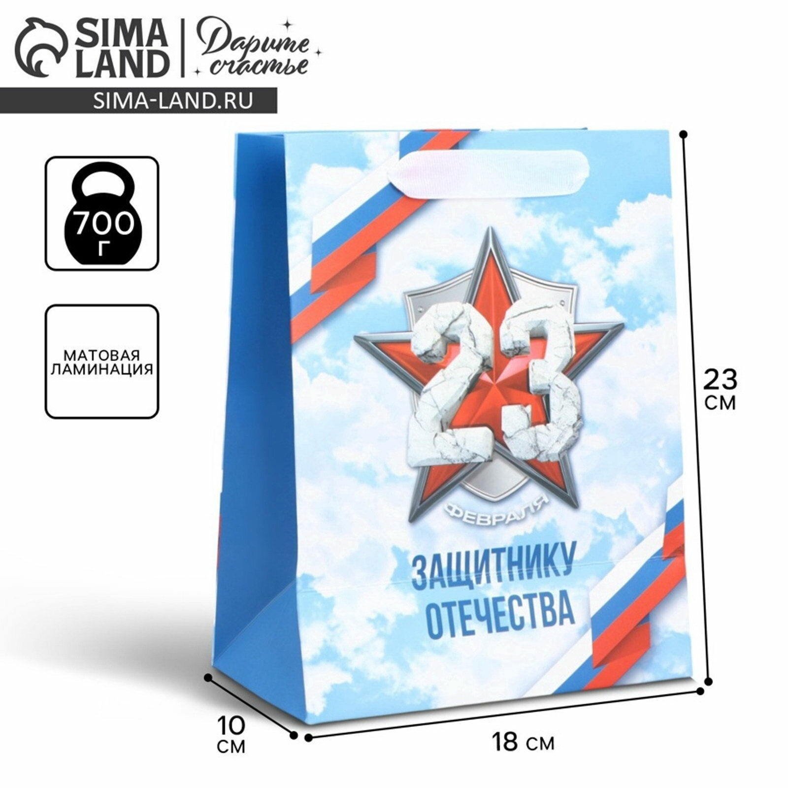 Пакет подарочный ламинированный, упаковка, "С 23 февраля", MS 18x23x10 см