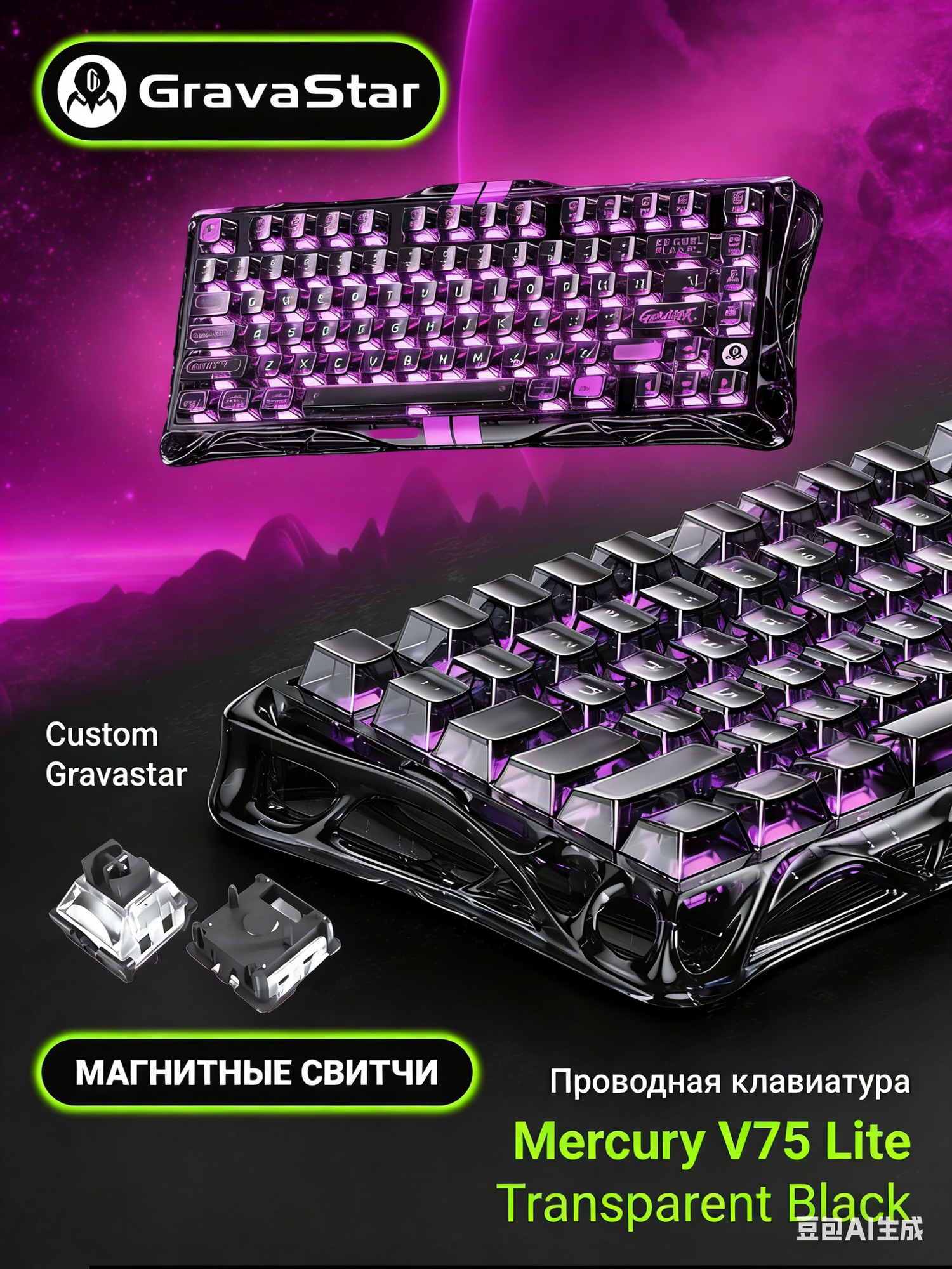 Клавиатура Gravastar Mercury V75 Lite XTAL BLK Transparent Black, USB проводное, RGB-подсветка