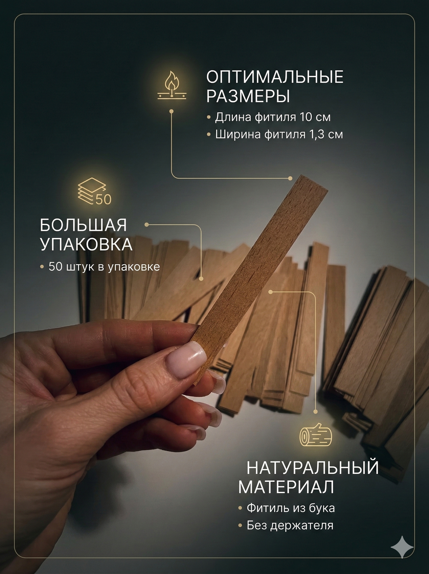 Фитиль деревянный для свечи из шпона бука 50 штук 10см на 1,3см без держателя Стабильное горение и треск