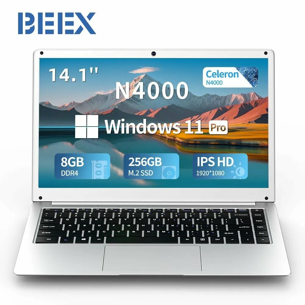 BEEX ноутбук, нетбук для работы и учебы Ноутбук 14.1", Intel Celeron N4000, RAM 8 ГБ, SSD 128 ГБ, Intel UHD Graphics 600, Windows Pro, серебристый, Русская раскладка