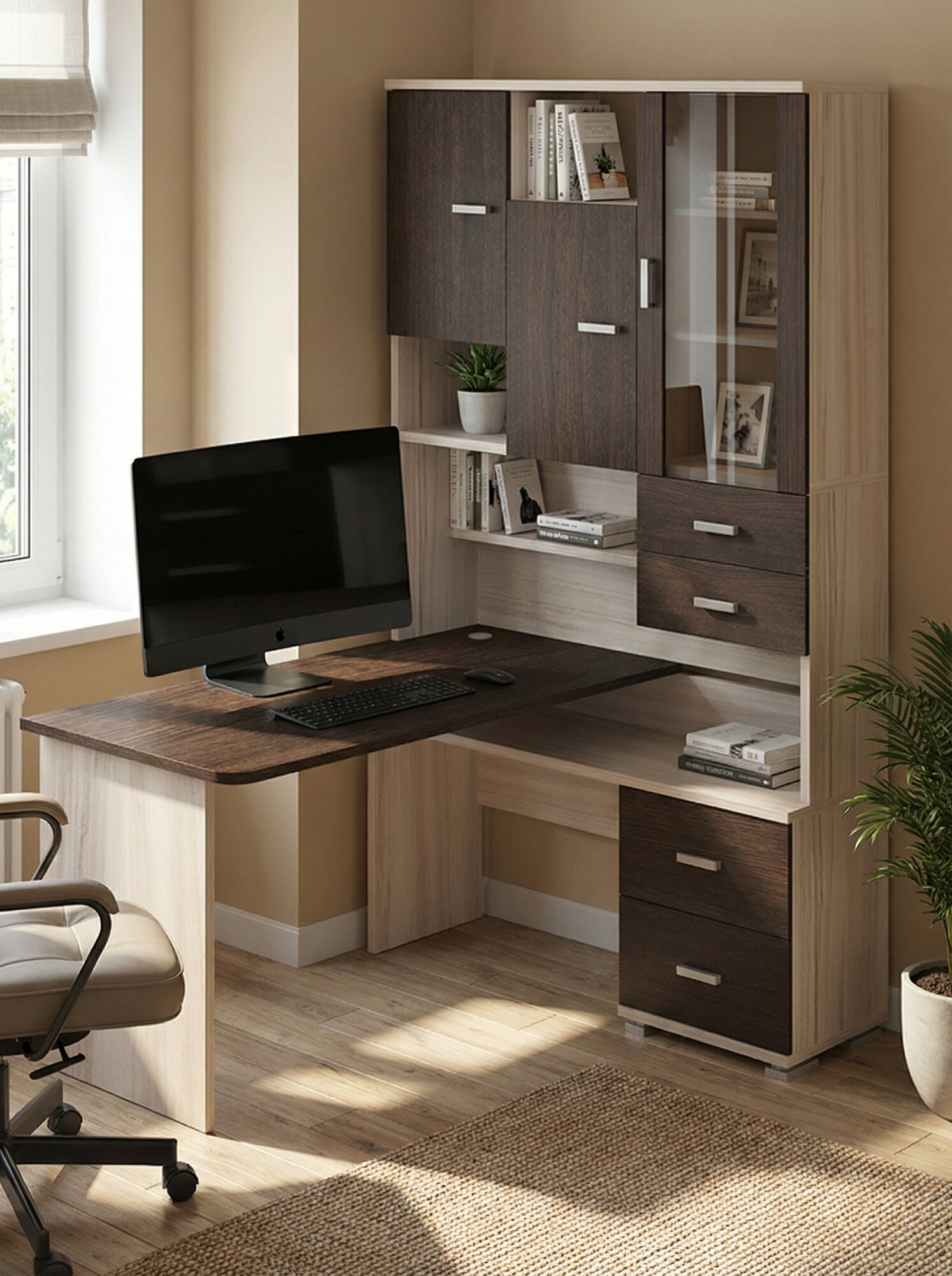 Стол компьютерный Мэрдэс СР-620/140 квв-прав Карамель/Венге/Венге, с полками, с ящиками, угловой, 130х140х216 см