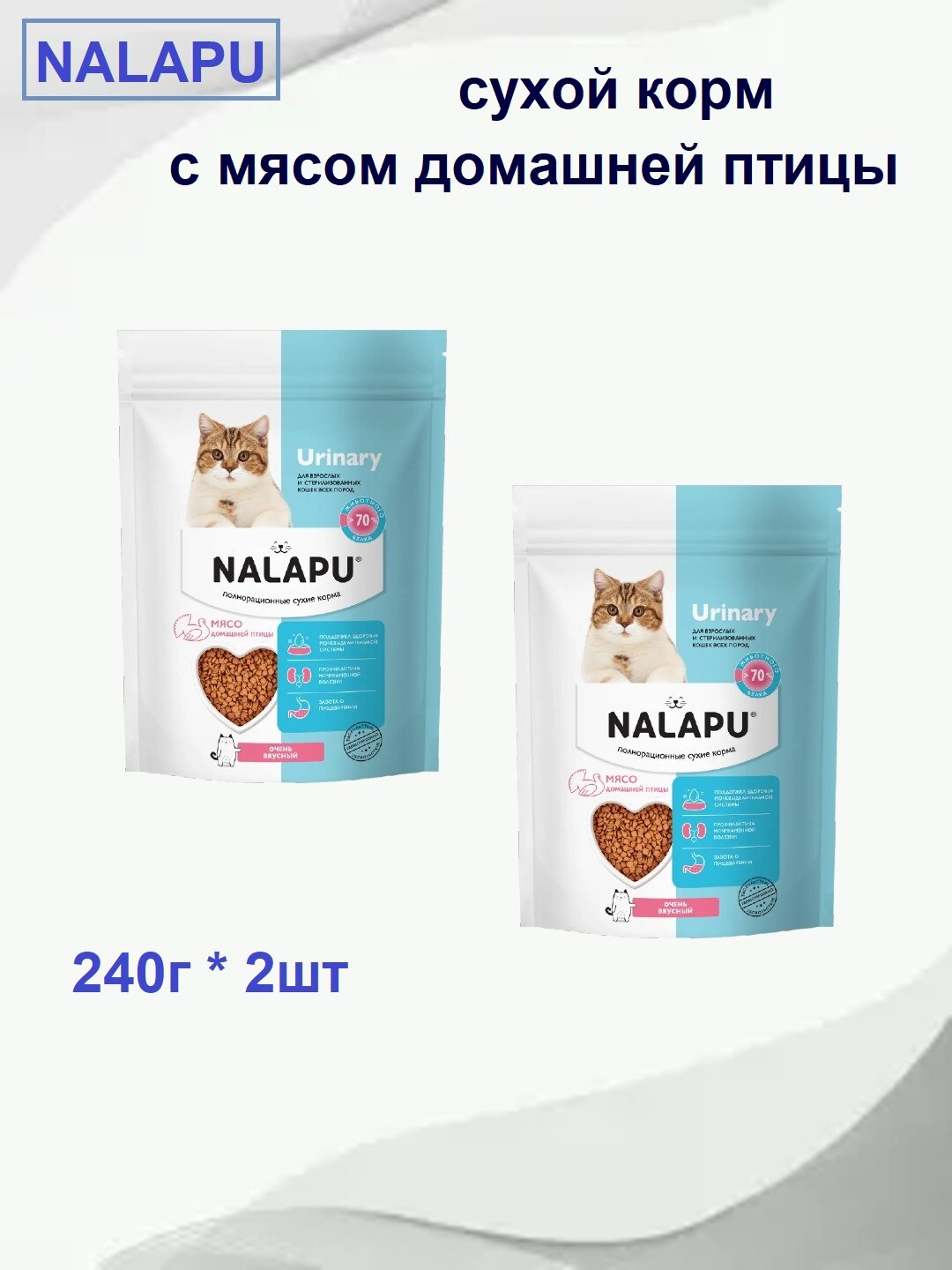 Корм сухой налапу Urinary, с мясом домашней птицы для взрослых и стерилизованных кошек, 240г (2штуки)