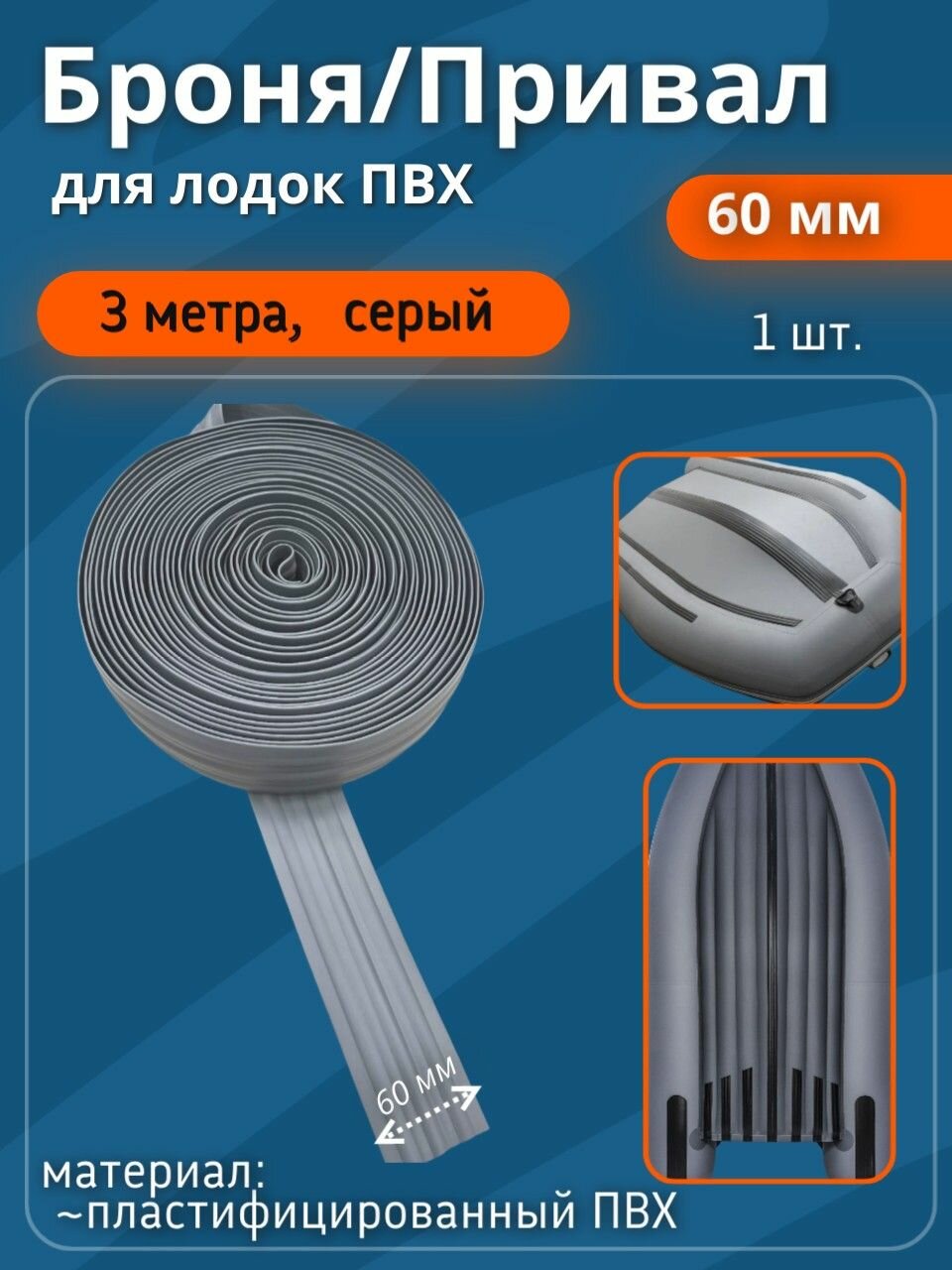 Броня для лодок ПВХ 60мм. (Серый)/ Привал днищевой 3 метра