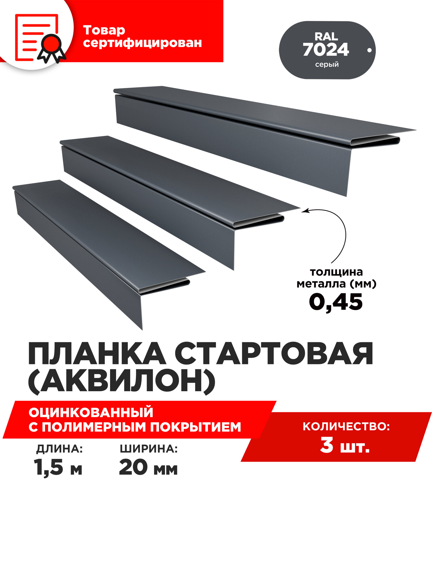 Стартовая планка откоса(Аквилон) Цвет Серый RAL 7024. Длина 1.5. 3 штуки в комплекте