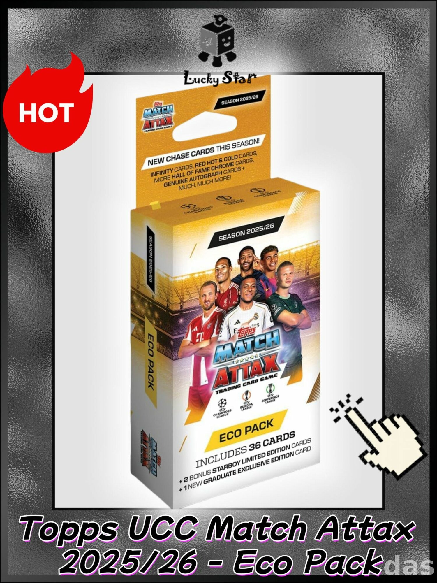 Эксклюзивный набор карт Topps UCC Match Attax сезона 2025/26 в экоупаковке включает 36 базовых карточек, дополненных двумя случайными LE Star Boy и одной LE The Graduates-dd