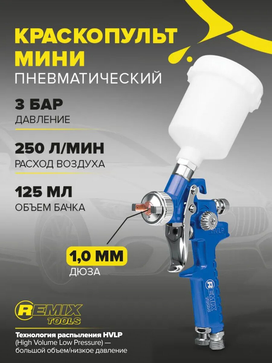Краскопульт для компрессора мини REMIX TOOLS Н-2000 пневматический, 1.0 мм, 125 мл, краскораспылитель для компрессора