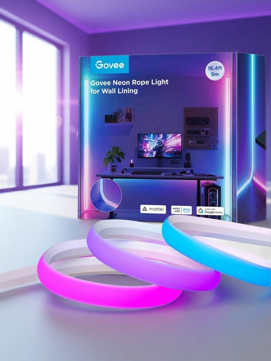 Светодиодная лента RGB Govee Neon Rope Light for Wall Lining H66413D1, умная LED подсветка 5 метров