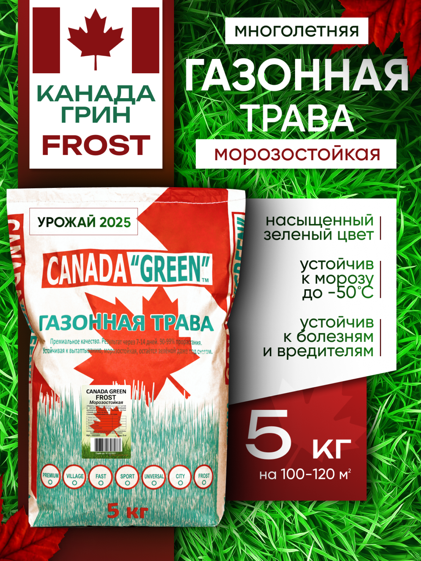 Газонная трава семена Канада Грин Морозостойкая 5 кг / Canada Green Frost 5 кг/ райграс, кострец, овсяница