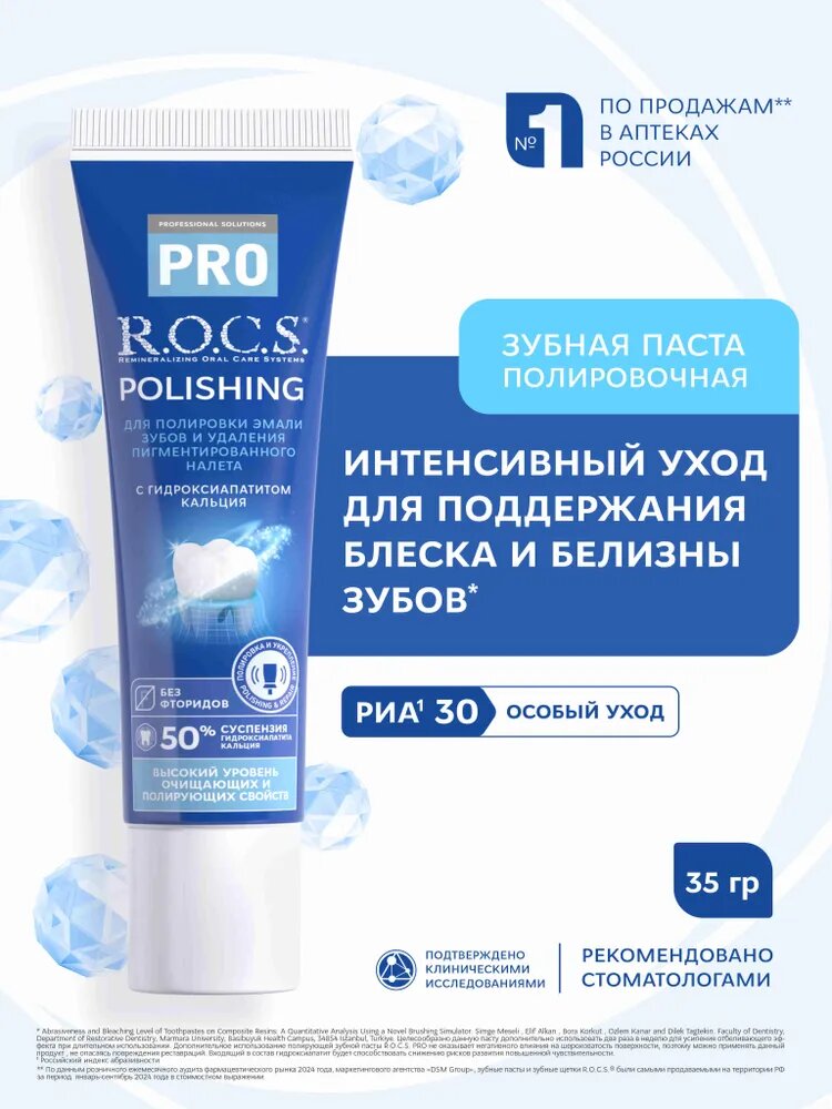 Зубная паста R.O.C.S. PRO Polishing Полировочная, удаление налета, полировка эмали, 35 г