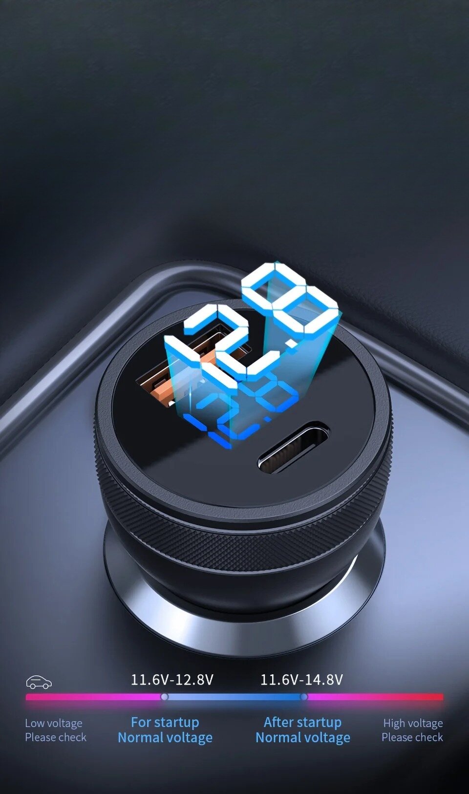 Зарядное устройство, автомобильное, два порта, USB Type A и C, 55 W, дисплей, черное