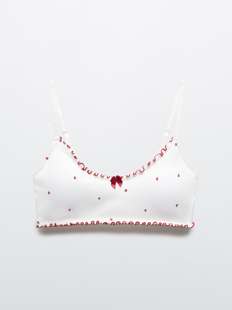 Бюстгальтер в рубчик с принтом и оборками