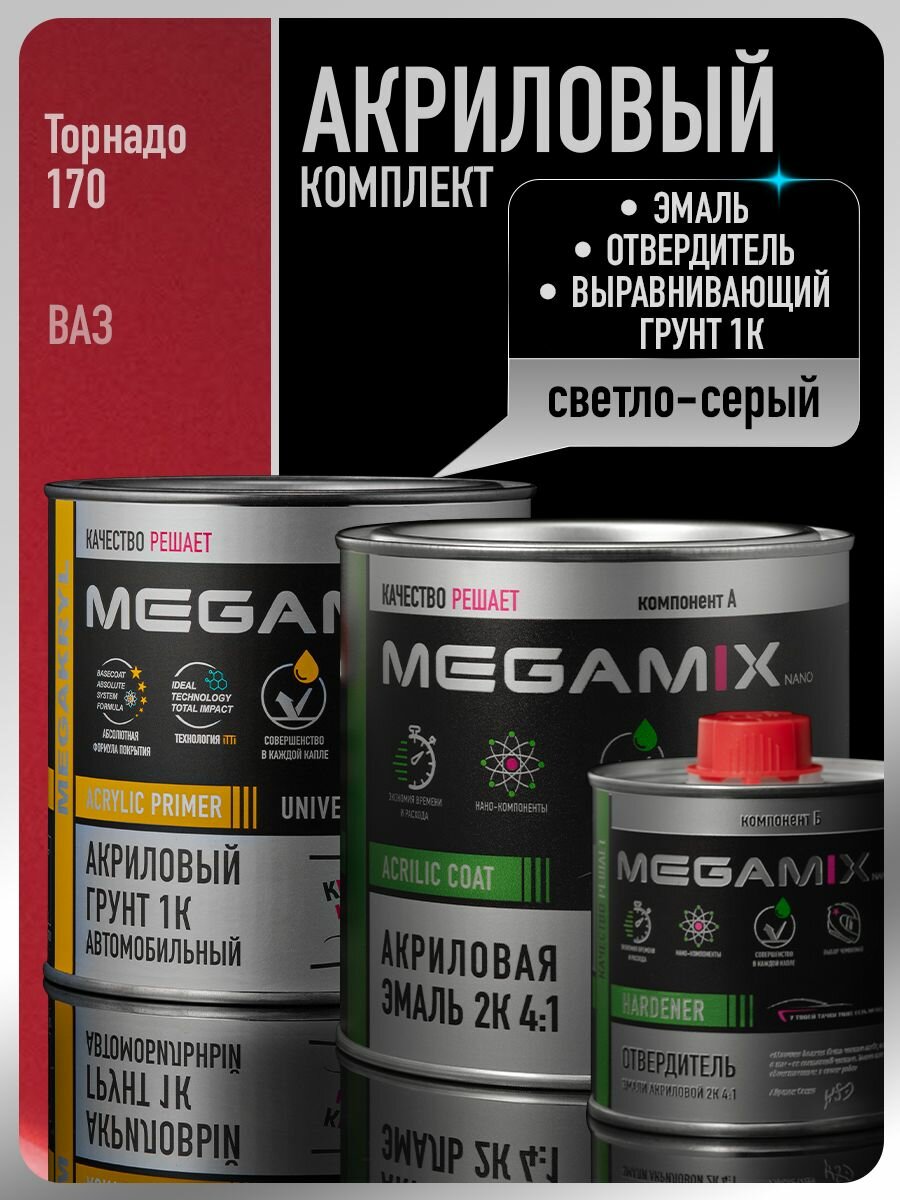 Комплект Акриловая краска автомобильная 2К , Торнадо 170, 840мл + Отвердитель 2K 210 мл + Грунт акриловый 1К , светло-серый, 800 г