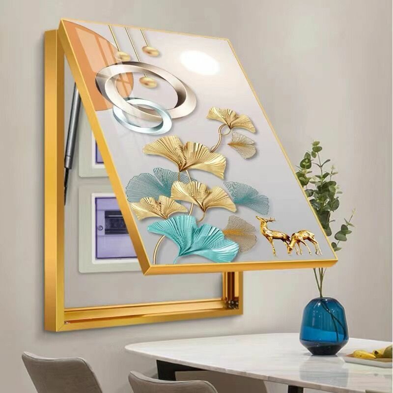 Декоративная картина для электрощита 30x40 см с гидравлической петлей и алюминиевой рамой (Золото/Черный) - Скрывает электрощит 20x30 см, без сверления, водонепроницаемая, для гостиной