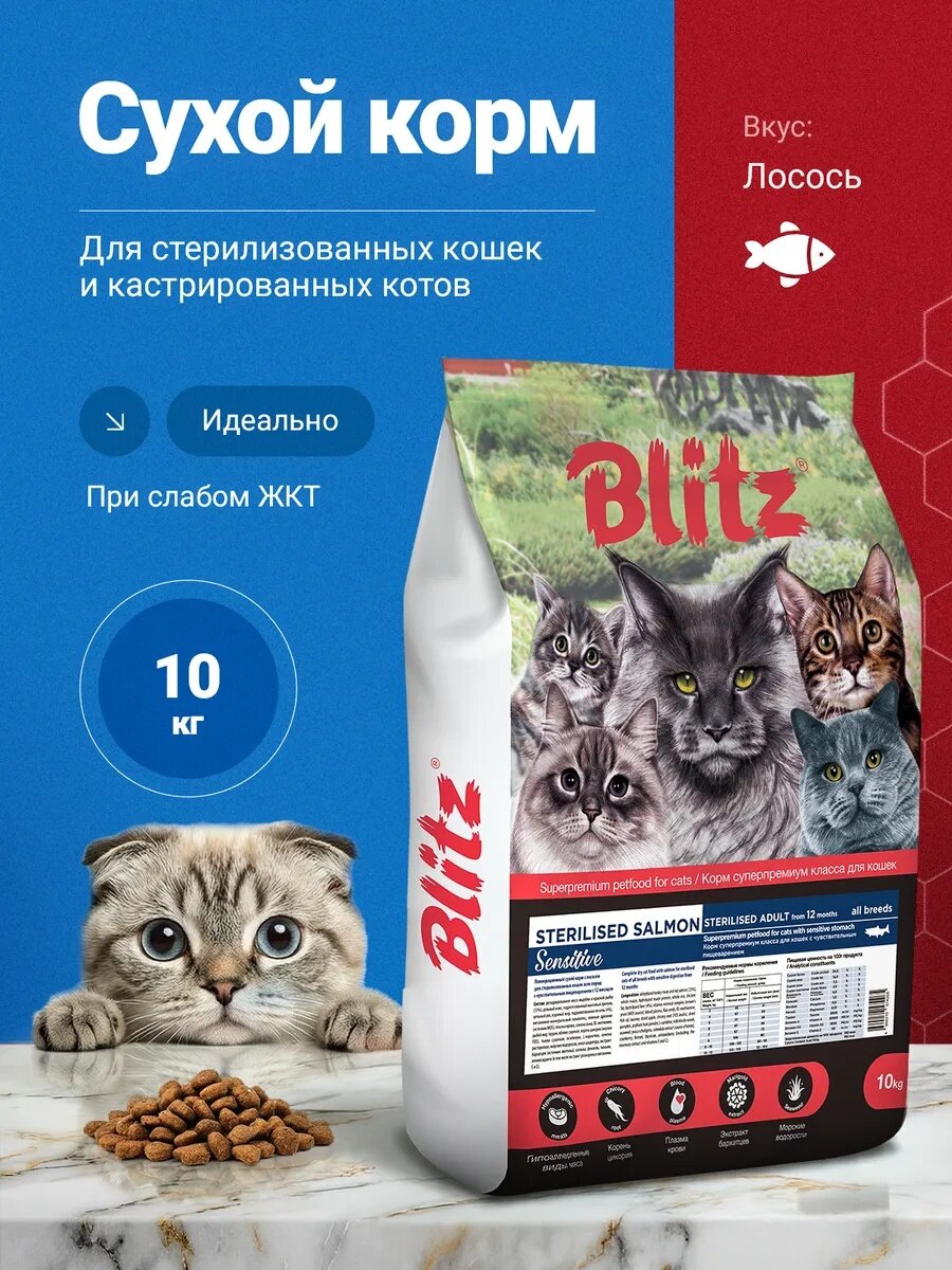 Сухой корм Blitz "Sterilised", сухой, для стерилизованных кошек, с лососем, 10кг
