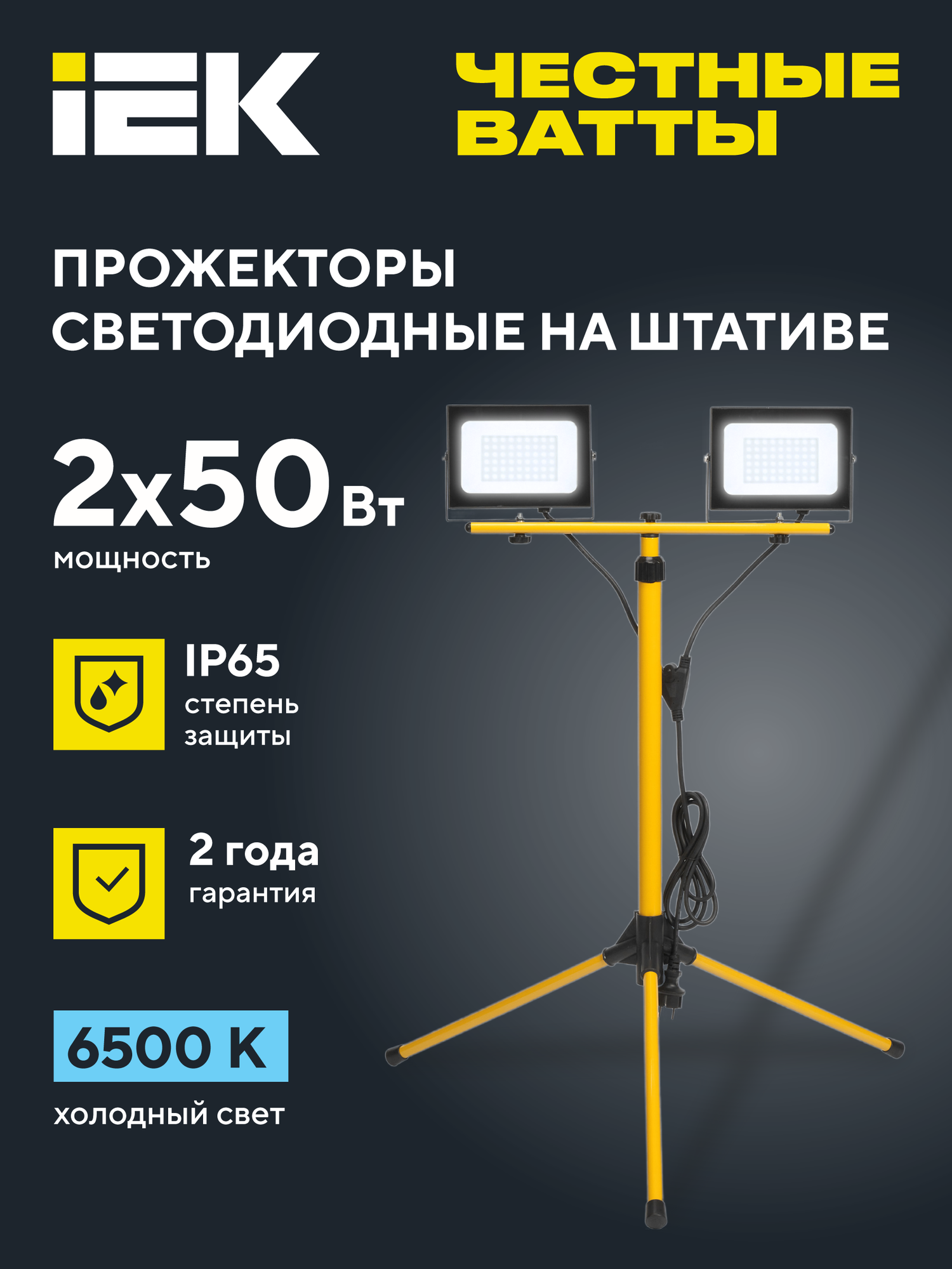 Прожектор светодиодный СДО 06-2x50Ш штатив IP65 6500К IEK